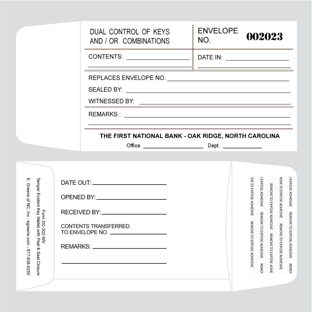 Dual Control Tamper Evident Key Envelopes - Permanent Peel & Seal Closure